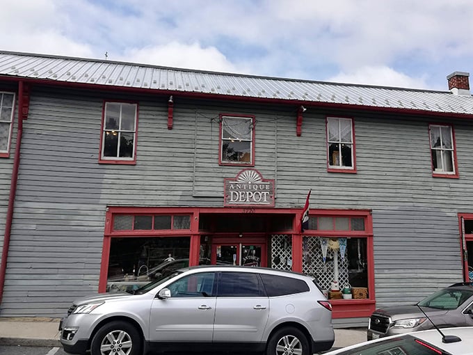 The weathered charm of Antique Depot's historic building tells stories before you even step inside. That blue-gray siding has weathered decades of Maryland seasons.