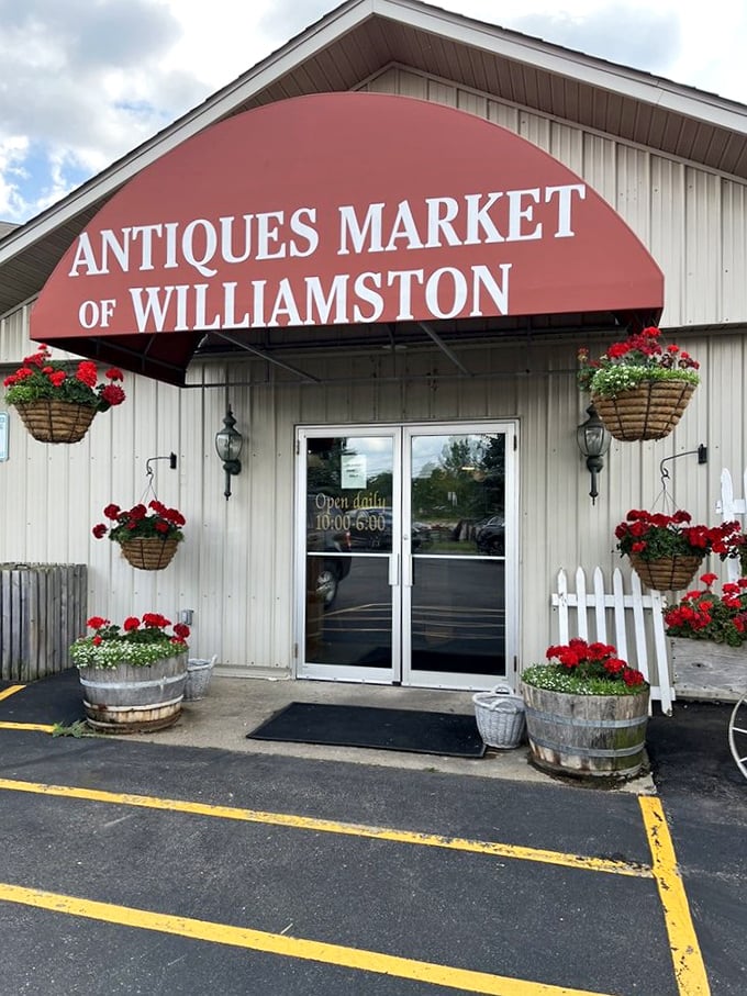 The Antiques Market of Williamston welcomes you with hanging flower baskets – country charm with a side of bargain hunting.