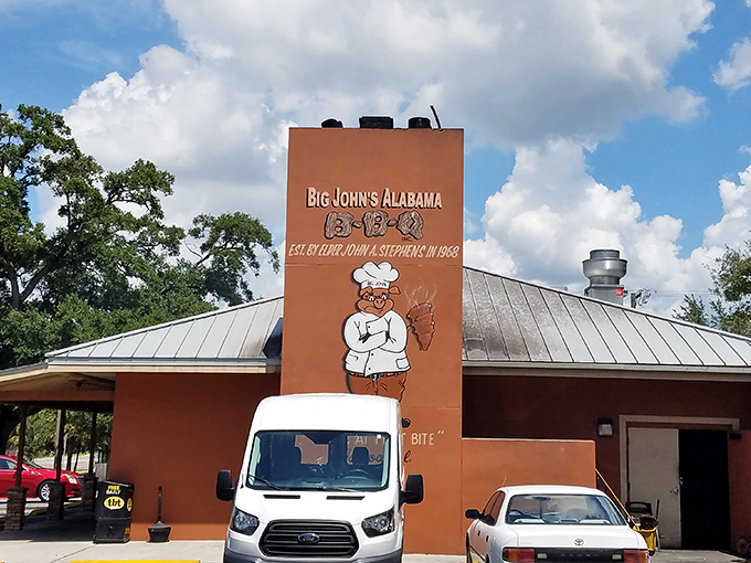 That pig chef logo welcomes you to authentic Alabama-style barbecue right here in sunny Tampa.
