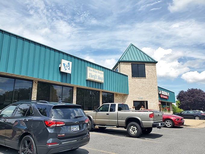 This turquoise building catches your eye like a vintage jewelry box full of surprises.