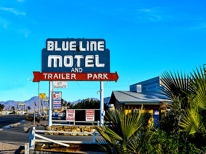 Blythe's vintage motel signs glow like beacons for budget-conscious travelers seeking authentic roadside experiences.
