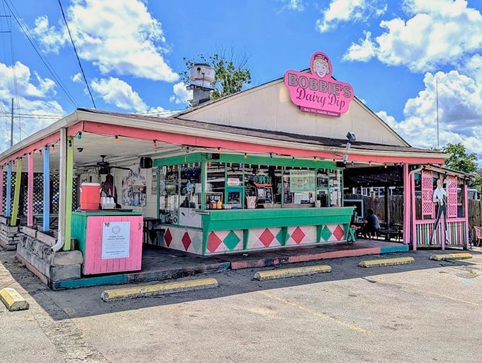Bobbie's pink and green color scheme screams 1950s drive-in culture in the most delightful way possible.