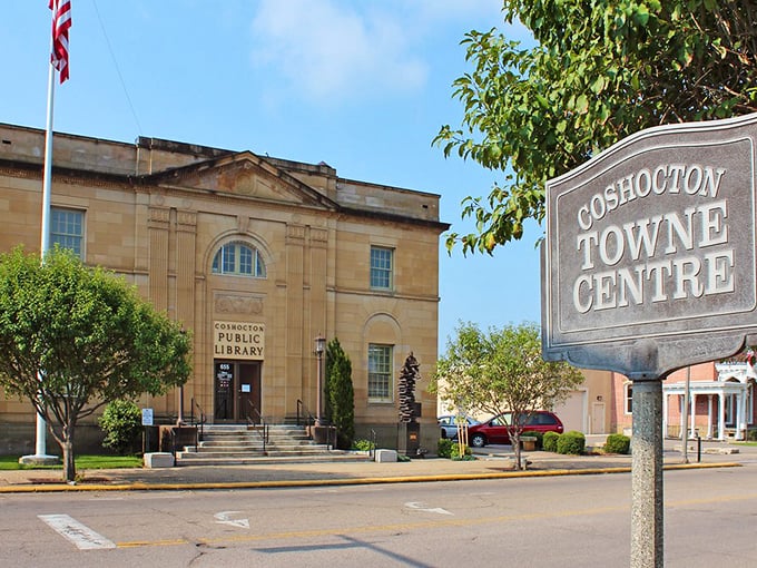 Classical architecture meets small-town charm at Coshocton's beautifully preserved downtown library building perfectly.
