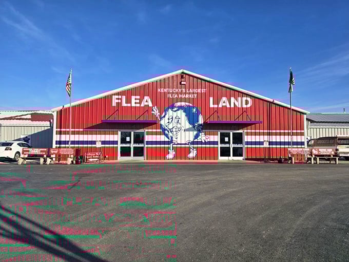 Flea Land's cartoon mascot grins from the bright red building. This flea doesn't bite—unless you count the bite it takes from regular retail prices!