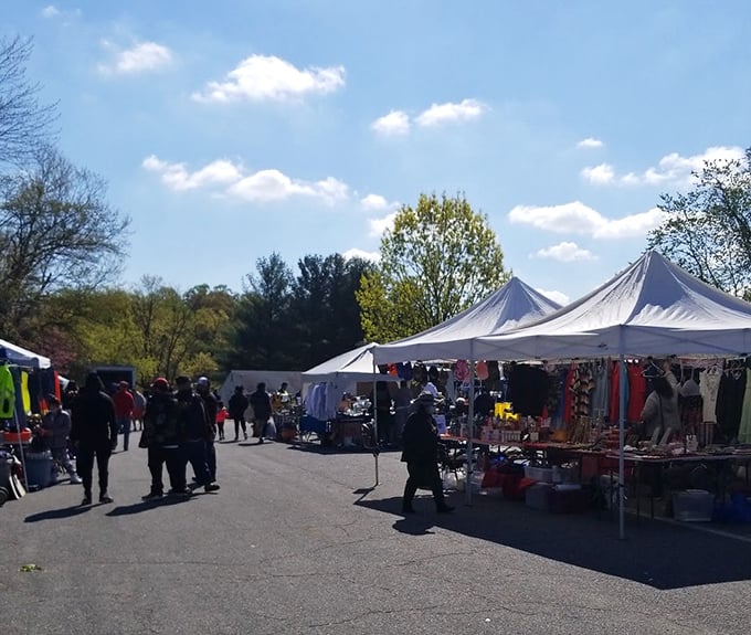 Church steeples and white tents create an unlikely but perfect pairing for community commerce and neighborly connections.