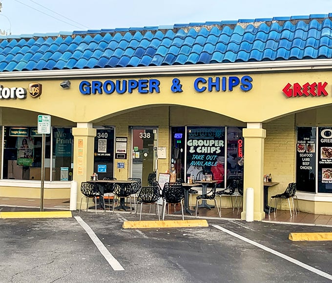 Blue roof, bold sign—Grouper & Chips doesn't mess around. This Naples strip mall hides a seafood treasure that locals try (and fail) to keep secret.