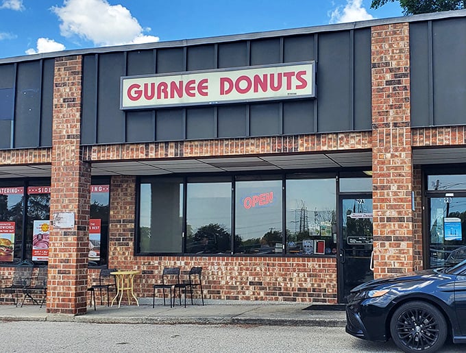 Brick and glass create the perfect frame for serious donut craftsmanship in suburban Gurnee bliss.