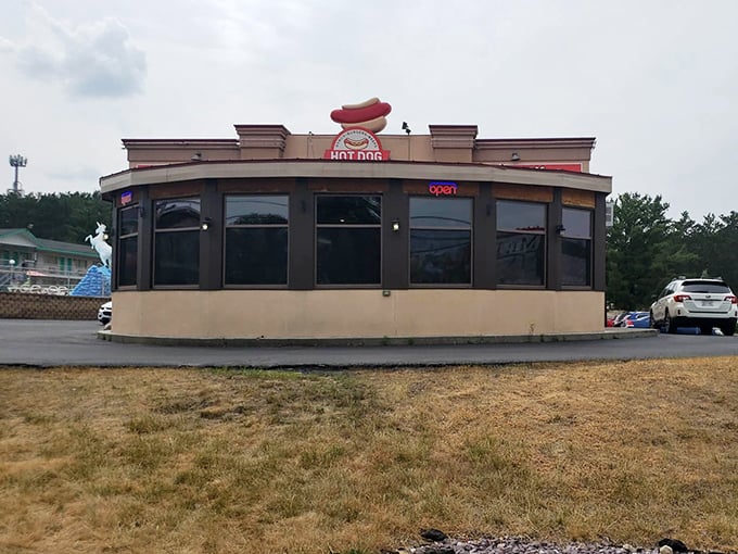 That giant rooftop hot dog isn't subtle, but neither is the flavor inside. 