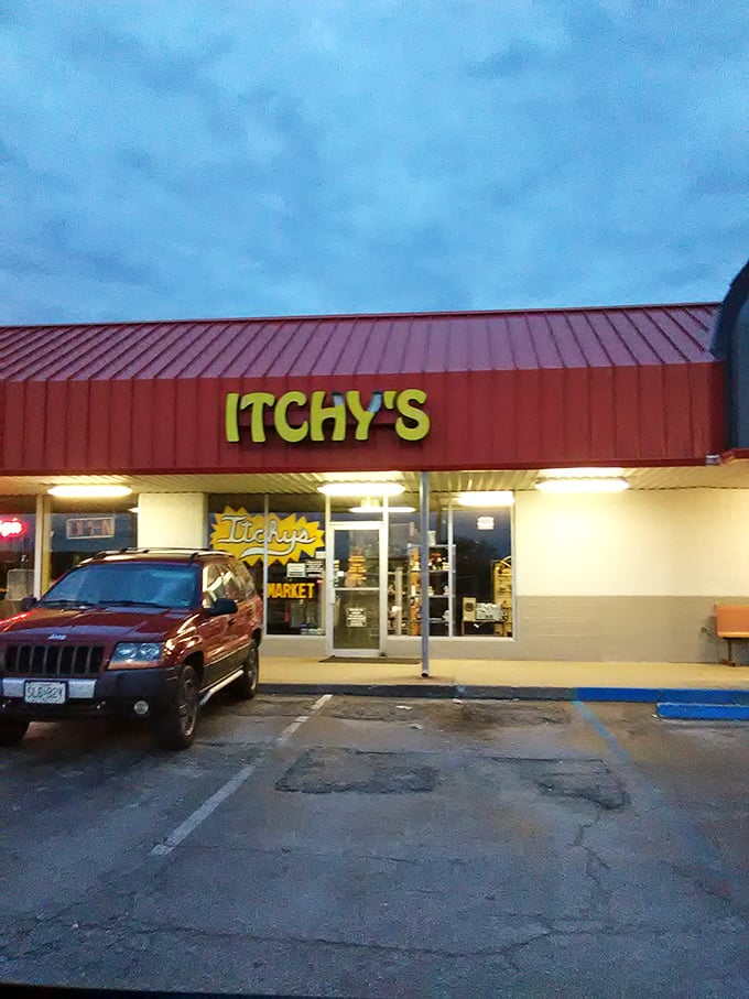 Itchy's cheerful red roof and yellow letters create an inviting atmosphere for weekend treasure hunters.