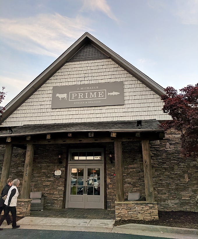 J Michael's Prime's stone exterior evokes a mountain lodge where carnivores gather to worship at the altar of USDA Prime.