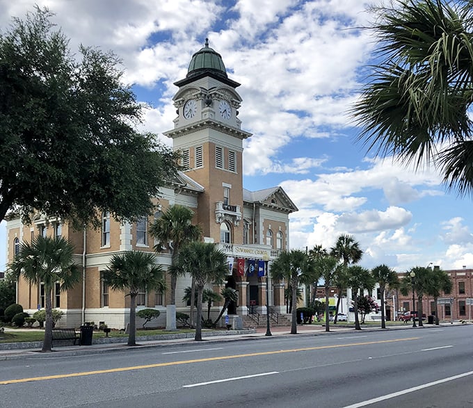 Live Oak's historic courthouse reaches skyward, a testament to small-town Florida's architectural grandeur.