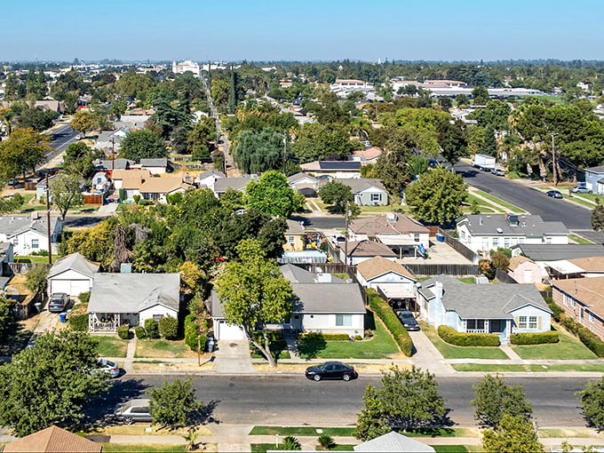 Merced's downtown charm shines in this aerial view, where Central Valley authenticity meets the youthful energy of university life.