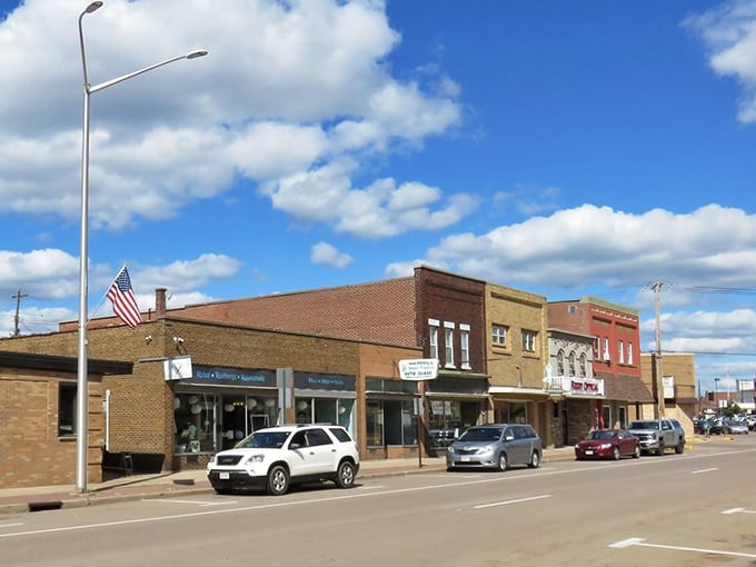 Merrill's Main Street stretches wide and welcoming, perfect for unhurried afternoon wandering sessions.