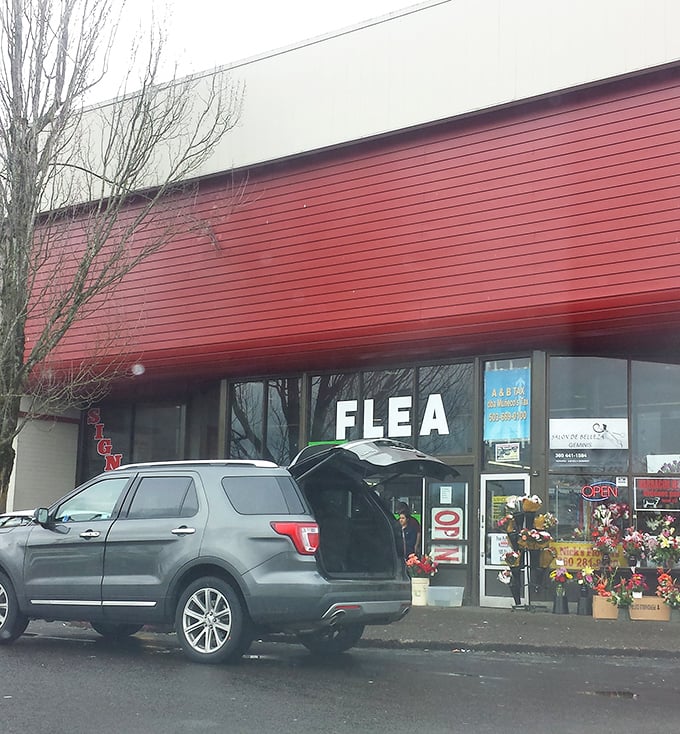 That bold red awning isn't just eye-catching—it's the Oregon Flea Market's way of saying "extraordinary finds inside!" Simple on the outside, spectacular within.