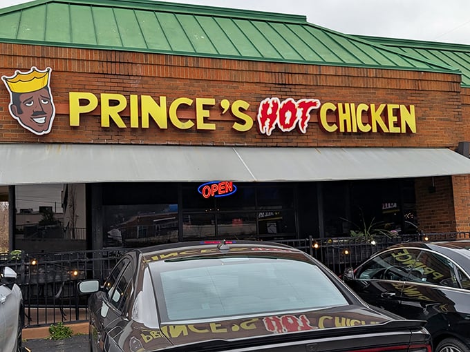 Prince's bold signage announces hot chicken royalty without apology. That crown logo isn't just for show—it's earned through tears of spicy joy!