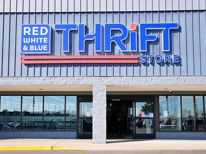 Red, White & Blue's bold signage stands out like a patriotic beacon in the thrift store landscape.