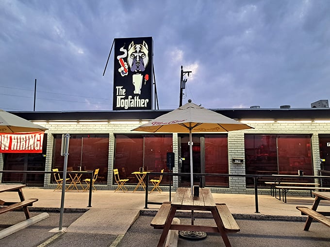 The Dogfather's bulldog logo makes you an offer you can't refuse—authentic hot dogs with gangster-worthy toppings and Texas-sized flavor.