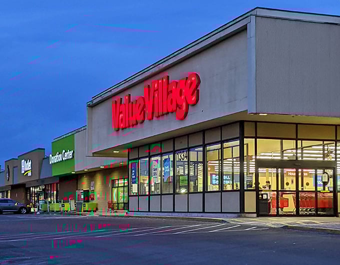 Value Village after dark looks like the Las Vegas of thrift stores—bright, bold, and promising jackpots of bargains inside.