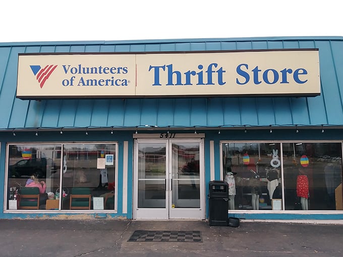 The cheerful teal building color makes thrift shopping feel like visiting your most generous friend's house.