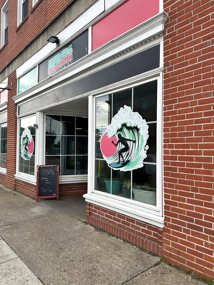 Waves Sandwich Company's brick exterior hides a surf-themed interior that'll transport you straight to the coast.