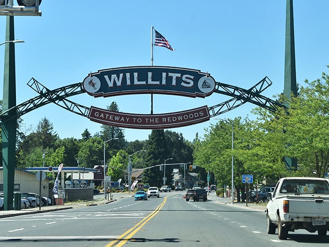 "Gateway to the Redwoods" isn't just a sign—it's Willits' way of saying "the good stuff starts here, folks!"