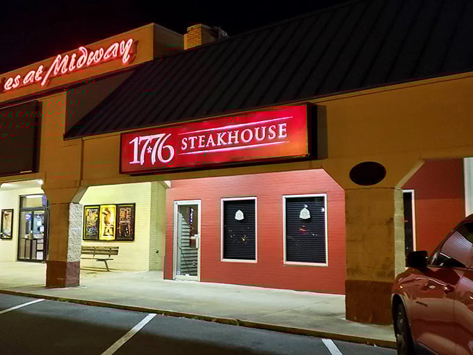 By night, 1776 Steakhouse glows with patriotic promise—a revolutionary approach to dinner in Rehoboth Beach.