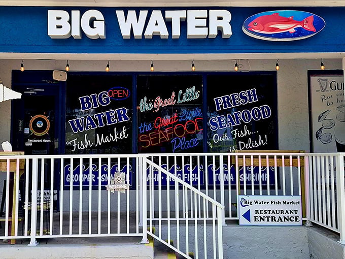 Those hand-painted window signs aren't just decorative – they're a love letter to seafood written in neon and enthusiasm.