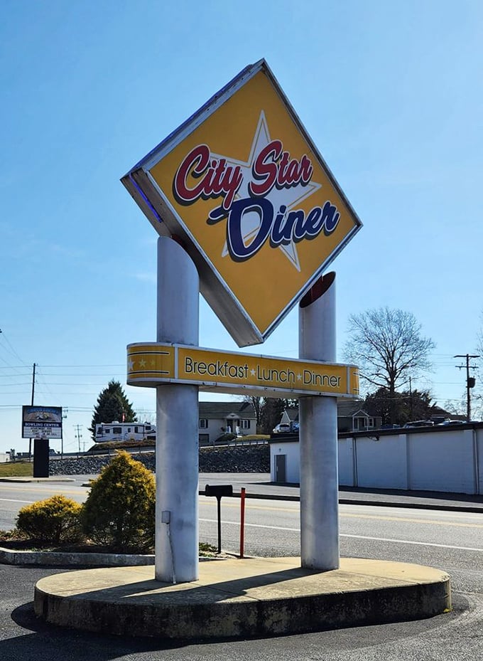 That iconic yellow star sign isn't just for show – it's broadcasting a bat signal to hungry travelers that breakfast salvation is near!
