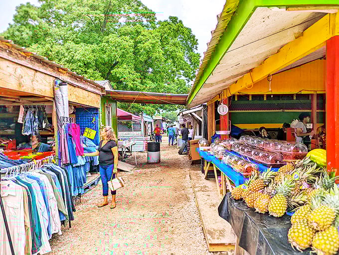 Fresh pineapples and vintage finds share the same space—now that's what I call diversified shopping portfolio management.