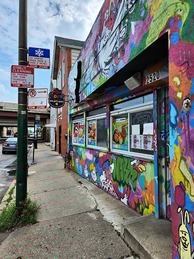 Street art and spicy chicken make perfect neighbors in this vibrant Chicago food scene.