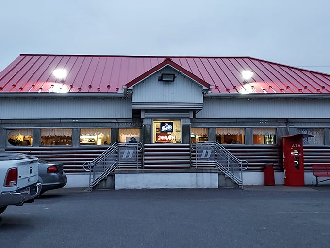 The classic stainless steel exterior of D's gleams in the evening light, promising late-night hash browns that cure what ails you.