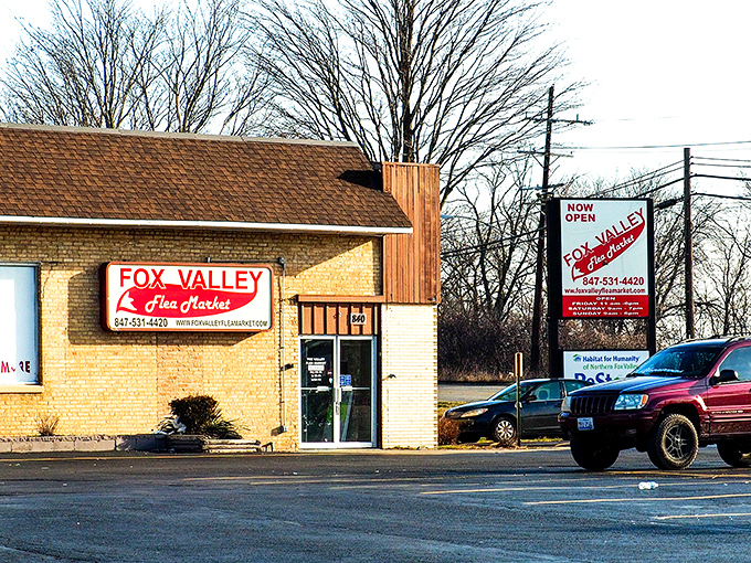 The classic brick facade hides a wonderland of vintage finds and modern conveniences for serious flea market enthusiasts.