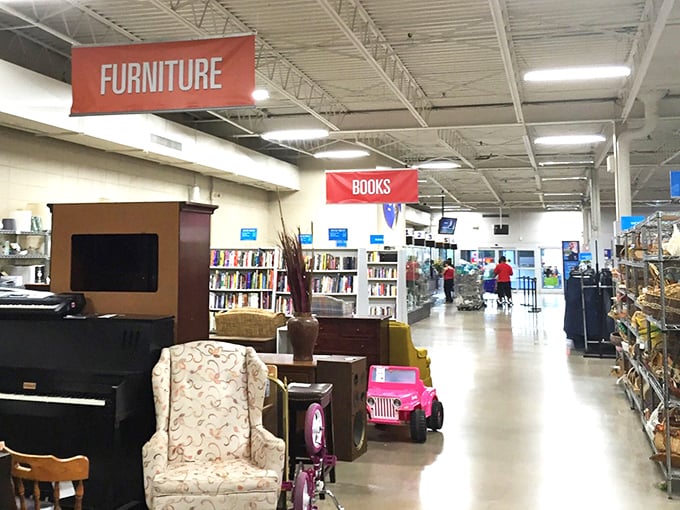 Red signage and industrial vibes signal you're entering the big leagues of discount treasure hunting.