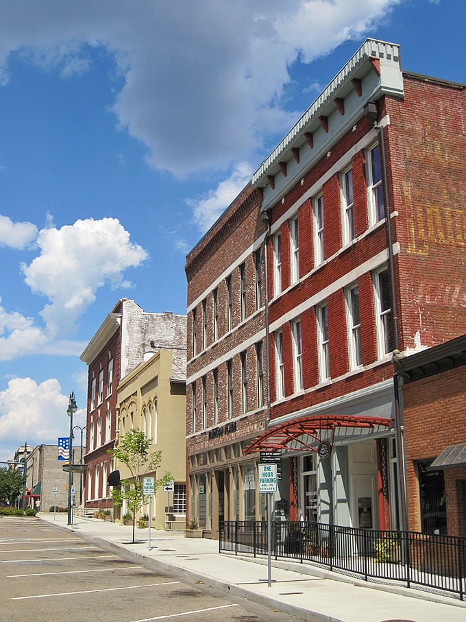 Historic brick buildings stand proud in downtown Jackson, where Tennessee tradition meets small-city innovation.