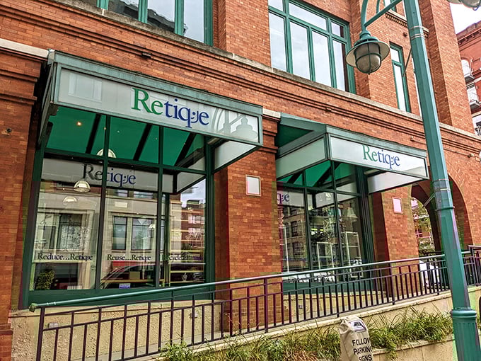 Those green awnings hint at the carefully curated treasures waiting inside this urban oasis.