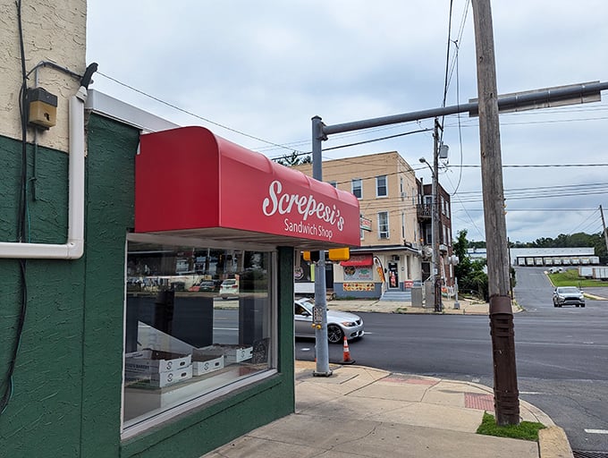 Screpesi's corner location with that eye-catching red awning. A Reading institution where sandwich perfection has been mastered over generations.