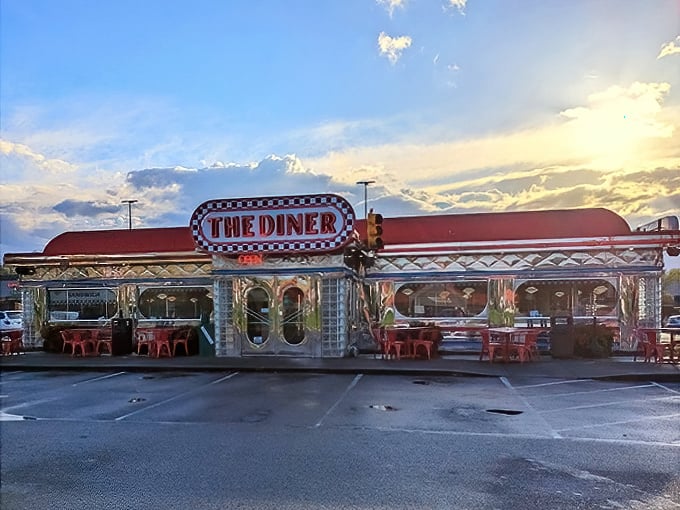 Red, white, and delicious – this classic diner exterior tells you exactly what you're in for.