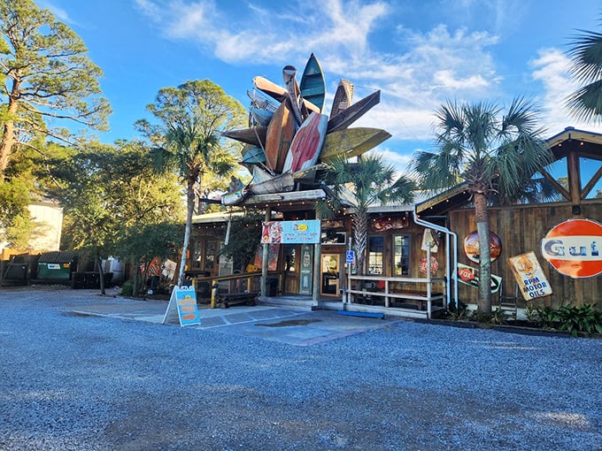 AJ's Grayton Beach: Where surfboards become architectural elements and "rustic" isn't a designer choice but the authentic patina of countless salty, sunny days.