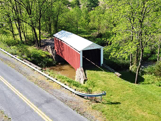 Bird's eye view magic! The bridge looks like a miniature model train set piece nestled into Pennsylvania's rolling countryside.