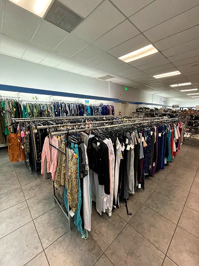 Color-coded clothing racks: the organizational system that makes finding that perfect blouse slightly less like finding a needle in a haystack.