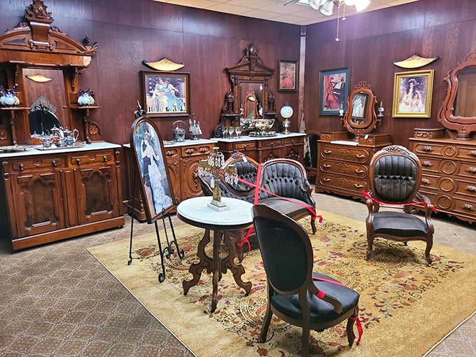 This Victorian furniture vignette isn't just antiques—it's a time machine to parlors where visitors left calling cards and conversations weren't interrupted by notification pings.