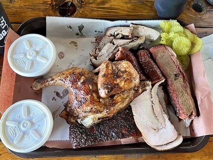 A barbecue sampler that would make a vegetarian weep—featuring the greatest hits of Texas smoke craft on one humble tray.