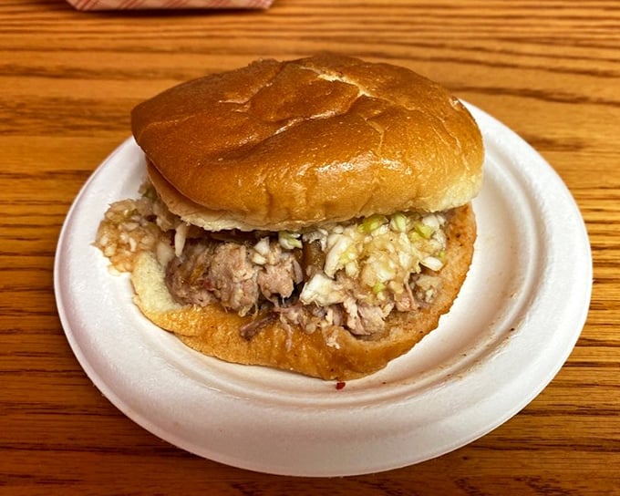 The barbecue sandwich that launched a thousand imitations. Notice how the meat is piled high without pretension—that's confidence.