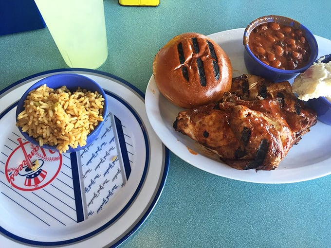 Chicken that's clearly been on speaking terms with smoke and fire for just the right amount of time, served with sides that refuse to be upstaged.