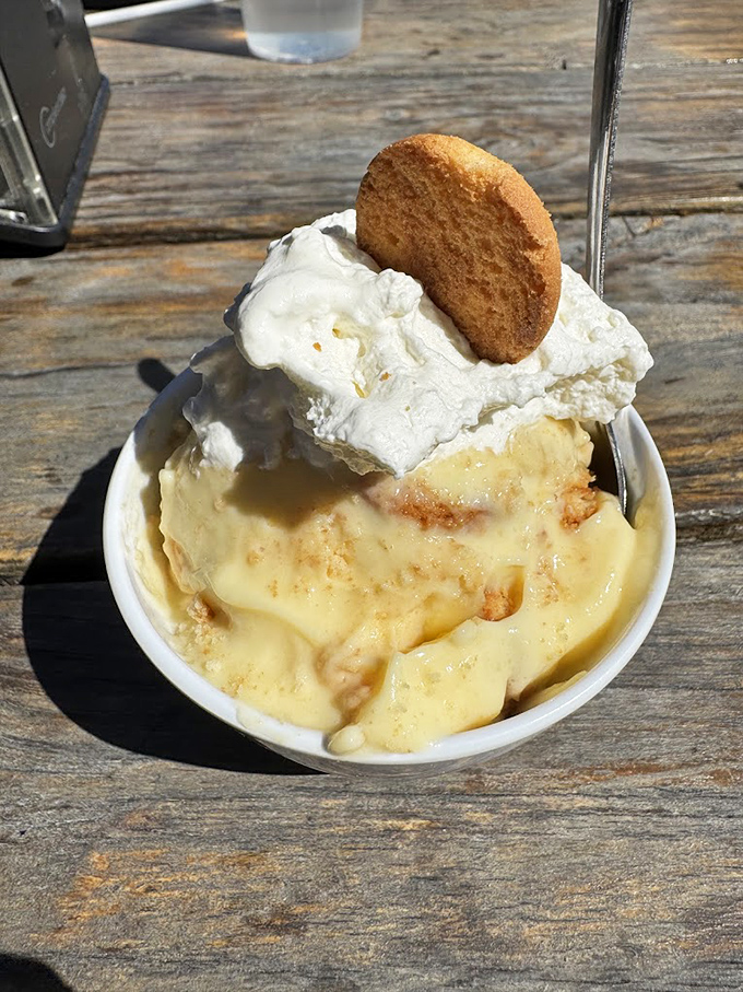 Banana pudding that makes time stand still. That vanilla wafer isn't just garnish—it's the crown jewel of a Southern dessert masterpiece.