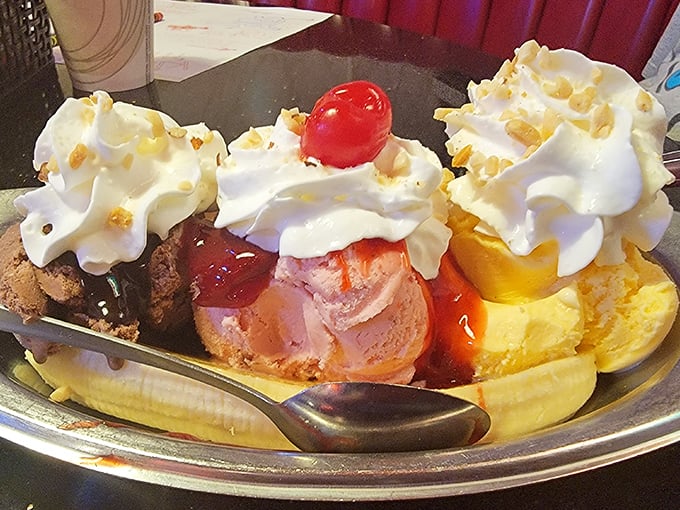 The banana split at Busy Bee doesn't whisper "indulgence"—it belts it out like Aretha Franklin demanding R-E-S-P-E-C-T for your sweet tooth.