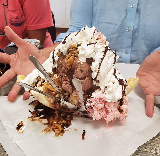 Behold the legendary banana split that breaks all the rules – a monument to excess that makes adults giggle and children's eyes grow wide with disbelief.