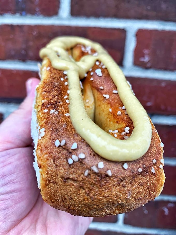 That pretzel isn't just food—it's an edible delivery system for mustard and happiness. The perfect hand-to-mouth experience. 