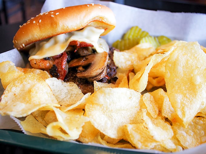 The Big Eyed Burger loaded with mushrooms and bacon – because sometimes you need more than just fish in your life.