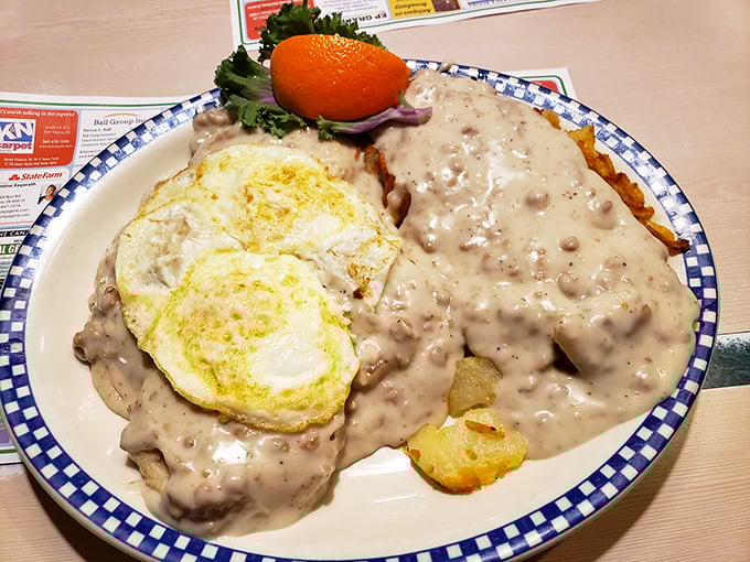 Biscuits and gravy – the breakfast that hugs you from the inside, with sunny-side eggs standing by for moral support.
